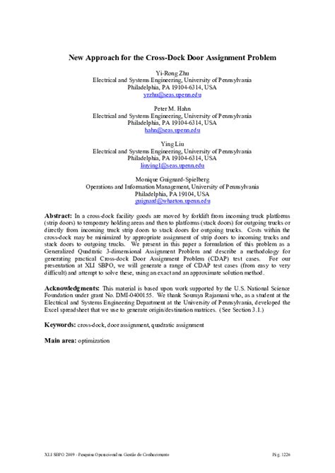 Pdf New Approach For The Cross Dock Door Assignment Problem
