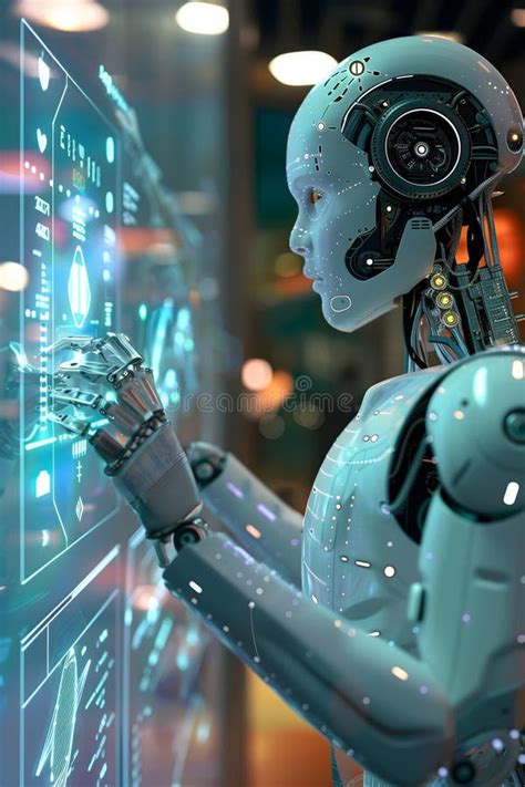 advanced humanoid robot interacting with a futuristic touchscreen