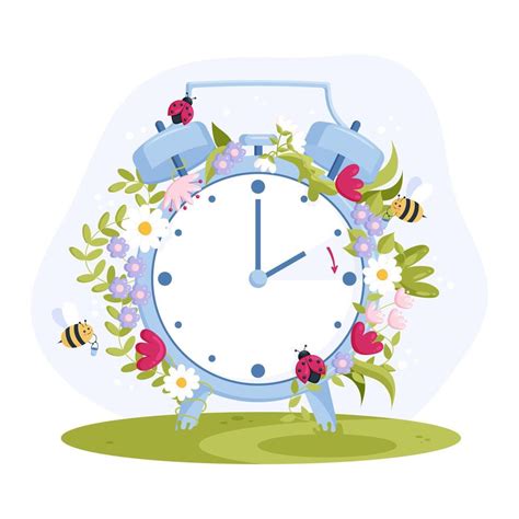 Daylight Saving Time Spring Forward Flat Style Vector Illustration Of Alarm Clock With Cute