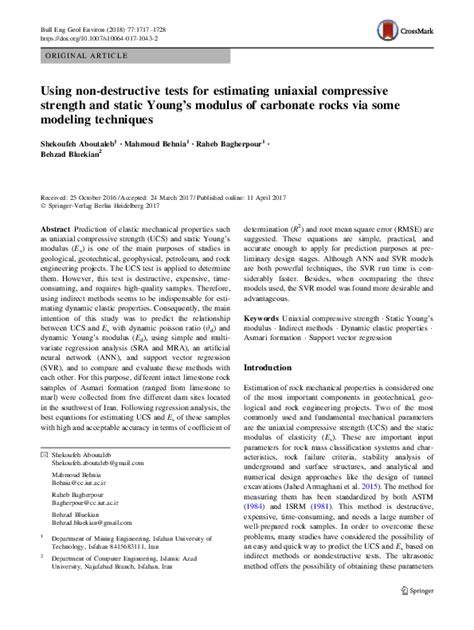 Pdf Using Non Destructive Tests For Estimating Uniaxial Compressive Strength And Static Young