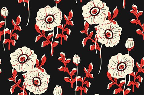 완벽 한 꽃 패턴 빈티지 자연 인쇄 큰 장식 예술 양 귀비 꽃 검은 배경에 나뭇잎 벡터 일러스트 레이 션입니다 0명에 대한 스톡