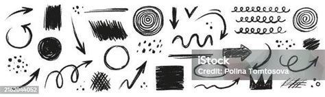 화살표 선 손으로 그린 브러시 벡터 세트 그런 지 사각형 나선형 화살표 요소 낙서 선 브러시 손 그려진 스케치 디자인 그런 지