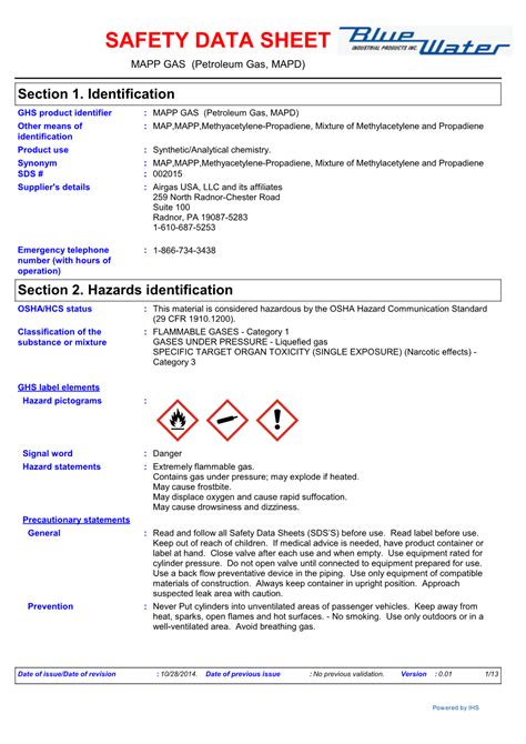 Mapp Gas Safety Data Sheet Sheet