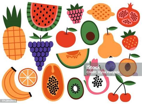 과일 낙서 세트입니다 천연 열대 과일 오렌지 레몬 체리 바나나 파파야 파인애플 키위 라즈베리 복숭아 멜론 등 손으로 그린 벡터 그림은 흰색 배경에 분리되어 있다 산 딸기류에