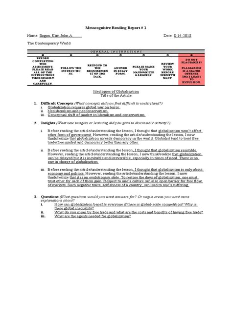 Metacognitive Reading Report 1 Pdf Metacognition Globalization