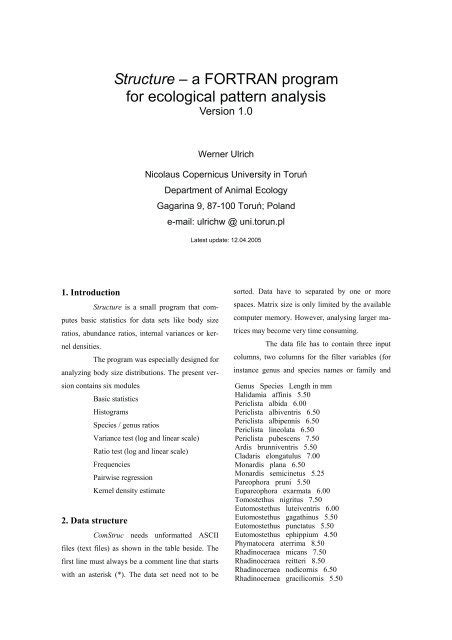 Structure A Fortran Program For Ecological Pattern Analysispub