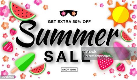 여름 판매 서식 파일 수평 평면 배너 평면 종이 태양 수 박 아이스크림 딸기 꽃 벡터 여름 디자인 요소와 흰색 배경에 그려진된 인쇄 상의 글자를 손 50에 대한 스톡 벡터