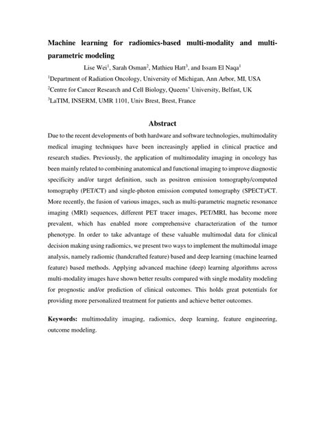 Pdf Machine Learning For Radiomics Based Multi Modality And Multi Parametric Modeling
