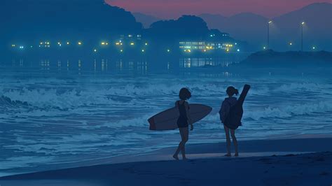 배경 화면 Two Women 바닷가 저녁 애니메이션 소녀들 일몰 서핑 보드 도시 불빛 파도 맨발 물 기타 Women On Beach 야외 여성
