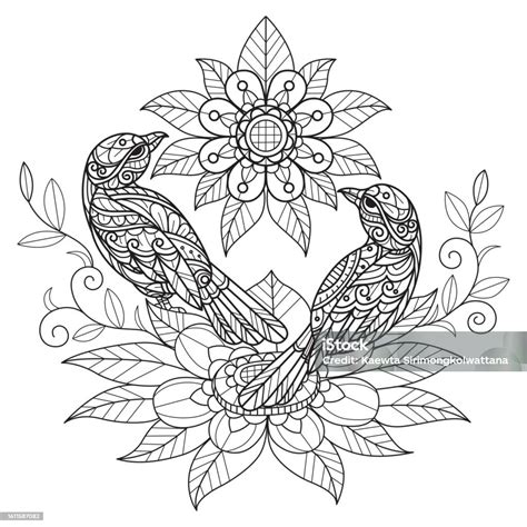 피는 꽃과 두 마리의 새가 성인 색칠하기 책을 위해 손으로 그린 것 0명에 대한 스톡 벡터 아트 및 기타 이미지 0명 검은