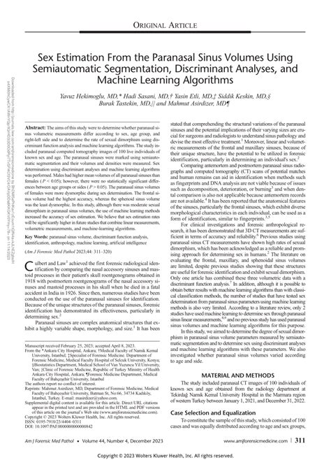 Pdf Sex Estimation From The Paranasal Sinus Volumes Using