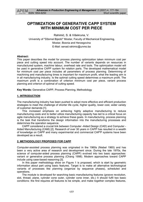 Pdf Optimization Of Generative Capp System With Minimum Cost Per Piece