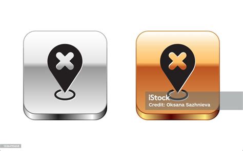흰색 배경에 격리 된 크로스 마크 아이콘이있는 검은 색 맵 핀입니다 네비게이션 포인터 위치 지도 Gps 방향 장소 나침반 검색 개념 실버 골드 스퀘어 버튼 벡터 거절에 대한