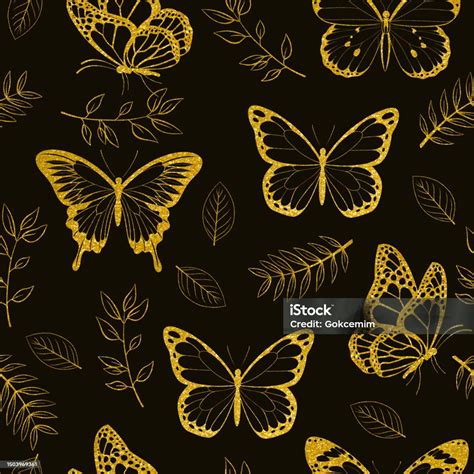 금색 군주 나비와 나뭇잎은 검은색 배경으로 매끄러운 패턴을 남긴다 인사말 및 초대장 디자인을 위한 디자인 요소입니다 금색 질감의 반짝이는 나비 연속무늬에 대한 스톡 벡터