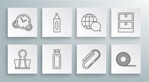 라인 바인더 클립 마커 펜 Usb 플래시 드라이브 페이퍼 스카치 말풍선으로 만든 세계 지도 아카이브 페이퍼 서랍 및 시간 관리 아이콘을 설정합니다 벡터 Usb 케이블에 대한