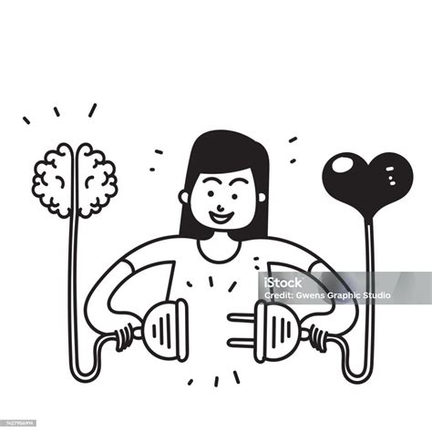 손으로 그린 낙서는 심장과 뇌 그림 사이의 와이어 균형을 연결합니다 Mental Wellbeing에 대한 스톡 벡터 아트 및 기타 이미지 Mental Wellbeing