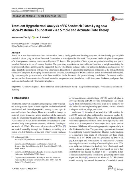Pdf Transient Hygrothermal Analysis Of Fg Sandwich Plates Lying On A Visco Pasternak
