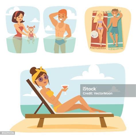 야외 해변 여름 라이프 스타일 햇빛 재미에 사람들이 휴가 행복 시간 만화 캐릭터 벡터 일러스트 레이 션 모래에 대한 스톡 벡터 아트 및 기타 이미지 Istock