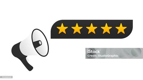 홍보를 위한 확성기 스피커 고객 피드백 메시지 프레임입니다 선전 장비 배너입니다 확성기로 프로모션 거품을 제공합니다 3d 등급 별 아이콘입니다 벡터 그림 3차원 형태에 대한
