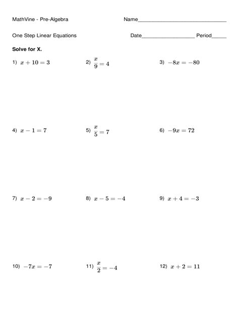One Step Linear Equations Worksheet