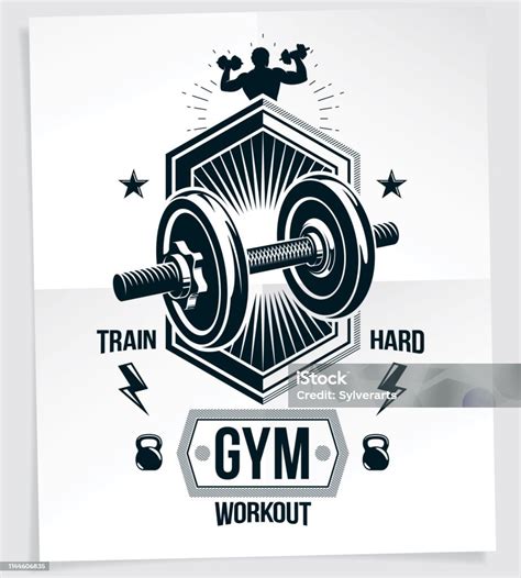 디스크 무게 아령으로 만든 보디 빌딩 벡터 동기 부여 포스터 주전자 벨 스포츠 장비와 스포츠맨 몸 실루엣 하드 레터링 훈련 Championship에 대한 스톡 벡터 아트 및