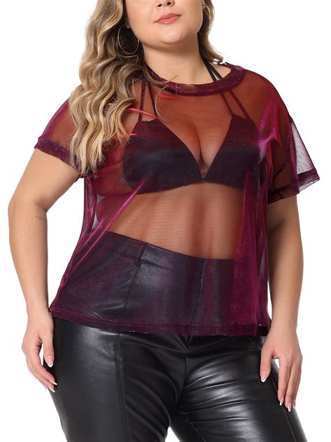 Agnes Orinda Womens Plus Size Party Top Sheer Mesh Holographic See