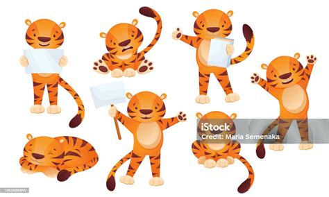흰색 배경에 고립 된 귀여운 벡터 호랑이 세트 새로운 2022년의 상징인 비문에 대한 배너가 있는 평평한 스타일의 호랑이 의 어린이 일러스트 만화에 대한 스톡 벡터 아트 및
