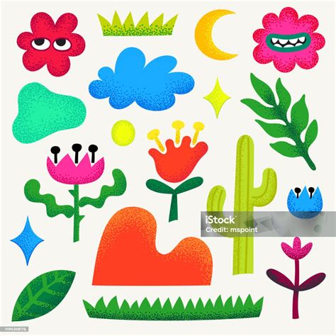 판타지 세계 괴물이나 Ufo에 대한 귀여운 만화 추상 아이콘 점묘 질감이 있는 다양한 그래픽 요소 집합입니다 대담한 현대 벡터 스타일로 손으로 그린 그림 작은에 대한 스톡