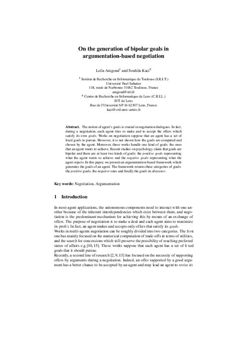Pdf On The Generation Of Bipolar Goals In Argumentation Based Negotiation