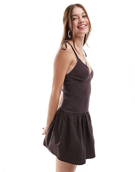 Miss Selfridge Flippy Cami Mini Dress With Tie Straps In Chocolate Asos