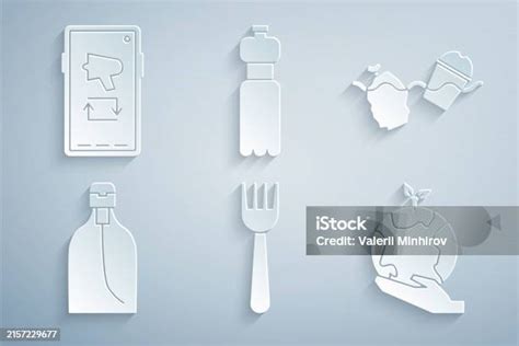 일회용 플라스틱 포크 바다의 문제 오염 병 액체 비누 지구 지구본 물 및 메가폰 모바일 아이콘을 들고 손 설정 벡터 3차원 형태에 대한 스톡 벡터 아트 및 기타 이미지