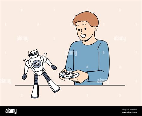 Boy With Toy Remote Controlled Robot For Concept Of Learning Robotics