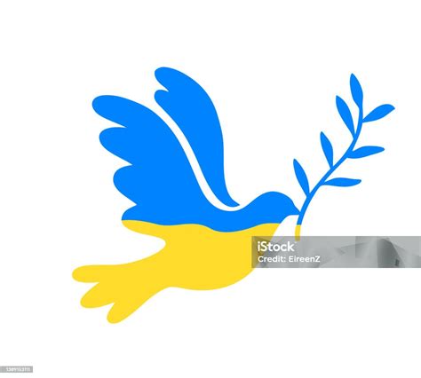 흰색 배경에 고립 된 우크라이나 평화의 상징으로 파란색과 노란색 비행 조류 비둘기의 벡터 그림 전쟁 개념을 중지합니다 비둘기에