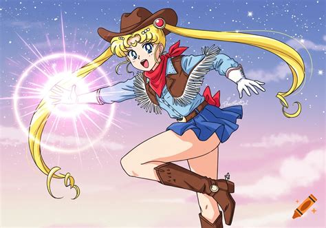 Sailor Moon Dressed As A Cowgirl Fires A Light Blast In 90s Anime Style