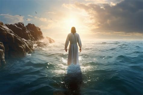 예수 그리스도 신이 물 위를 걷는 기적 프리미엄 사진