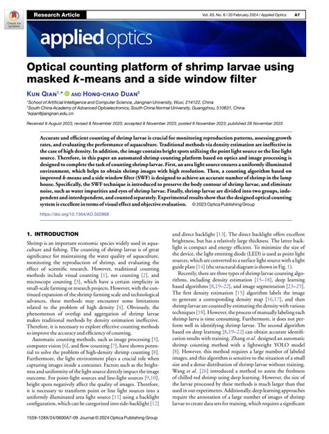 Optical Counting Platform Of Shrimp Larvae Using Masked K Means And A