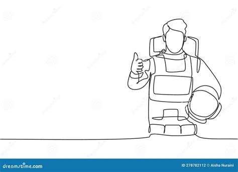Continuous One Line Drawing Astronauts With A Thumbs Up Gesture Wearing Spacesuits To Explore