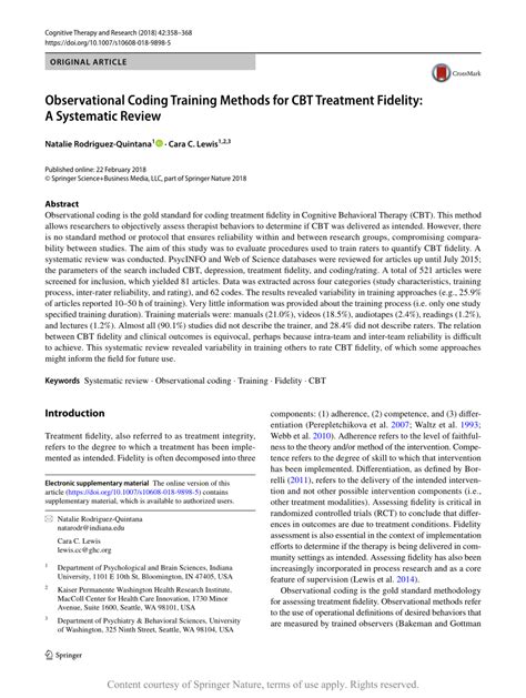 Observational Coding Training Methods For Cbt Treatment Fidelity A