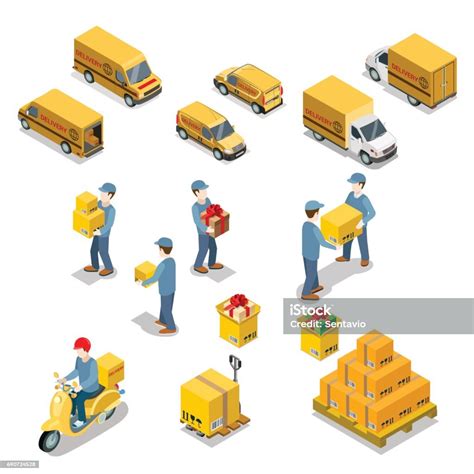 평면 아이소메트릭 특사 들고 또는 골 판지 상자를 들고 서비스 자동차 그림 세트 벡터 3d 아이소메트리 이동 및 배달 개념 회사 등에 대한 스톡 벡터 아트 및 기타 이미지