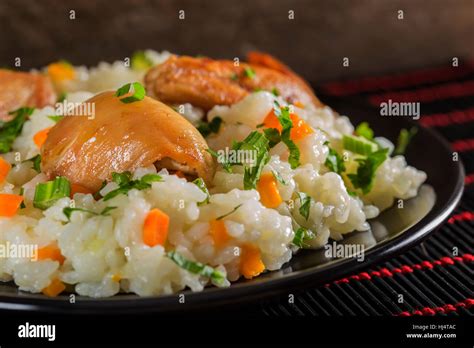 Pilaf Romanian Traditional Food Made With Chicken Rice And Vegetable On Dark Background Stock