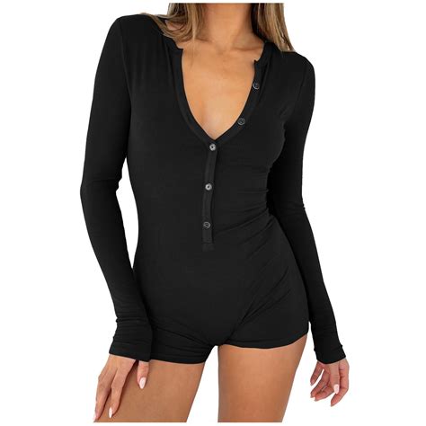 Tmoyzq Womens Plus Size V Neck Jumpsuit Long Sleeve Sleepwear Casual