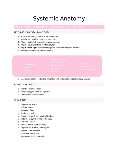 Systemic Anatomy Full Semester Notes Systemic Anatomy Topic 1
