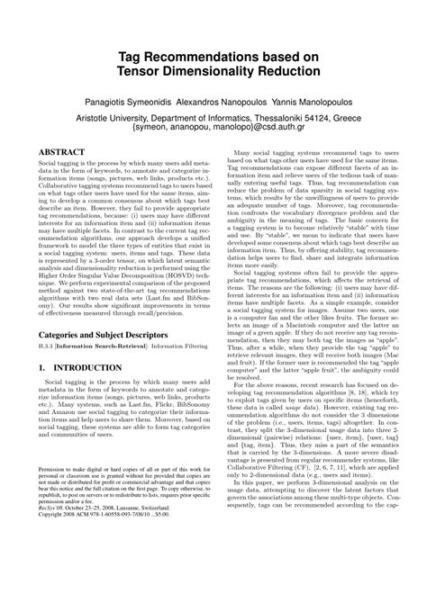 Pdf Tag Recommendations Based On Tensor Dimensionality Reduction