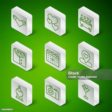 세트 라인 마티니 유리 사진 카메라 날개가 달린 하트 달력 하트 슈트 병 사랑의 묘약 및 위치 아이콘 벡터 3차원 형태에 대한 스톡 벡터 아트 및 기타 이미지 Istock