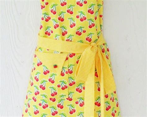Yellow Cherry Apron Full Retro Apron Polka Dots Cherries