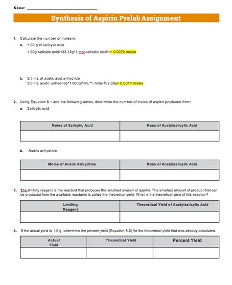Solved Name Synthesis Of Aspirin Prelab Assignment 1 Chegg Com
