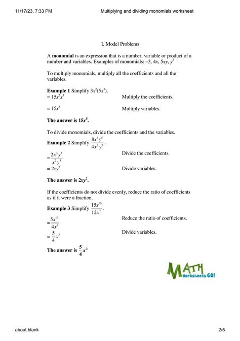 Solution Multiplying And Dividing Monomials Worksheet Algebra 1 Worksheets Library