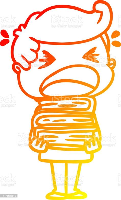 책 더미를 가진 만화 외치는 남자의 따뜻한 그라데이션 선 그림 귀여운에 대한 스톡 벡터 아트 및 기타 이미지 귀여운