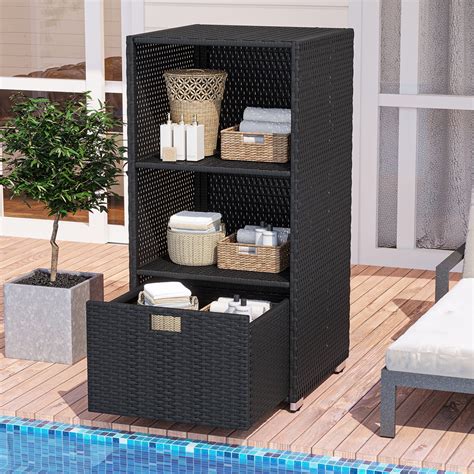 Bapipro Outdoor Towel Rack For Pool Rattan Wicker Storage Cabinet With