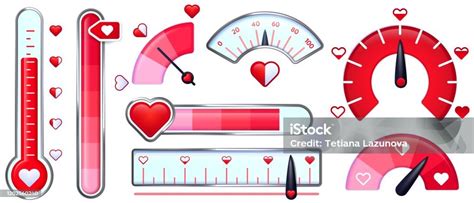 러브 미터 발렌타인 데이 카드 붉은 마음과 사랑 온도계와 사랑 지표 적색 하트 미터 벡터 세트 온도계에 대한 스톡 벡터 아트 및 기타 이미지 Istock